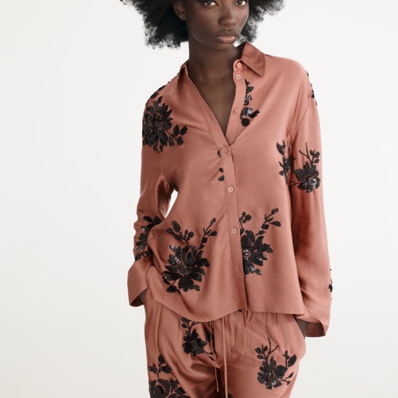 Zara | Tops | Zara Sequin Embroidered Shirt | Poshmark